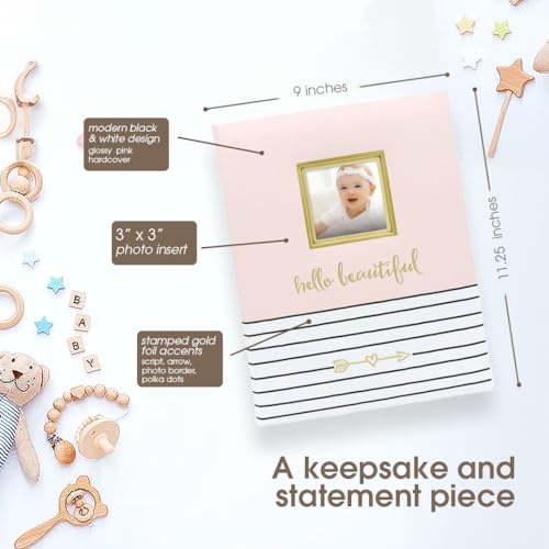 Pearhead Hello Baby First 5 Years Memory Book, Baby Girl Keepsake for New and Expectant Parents, Pregnancy And Milestone Journal, Pink