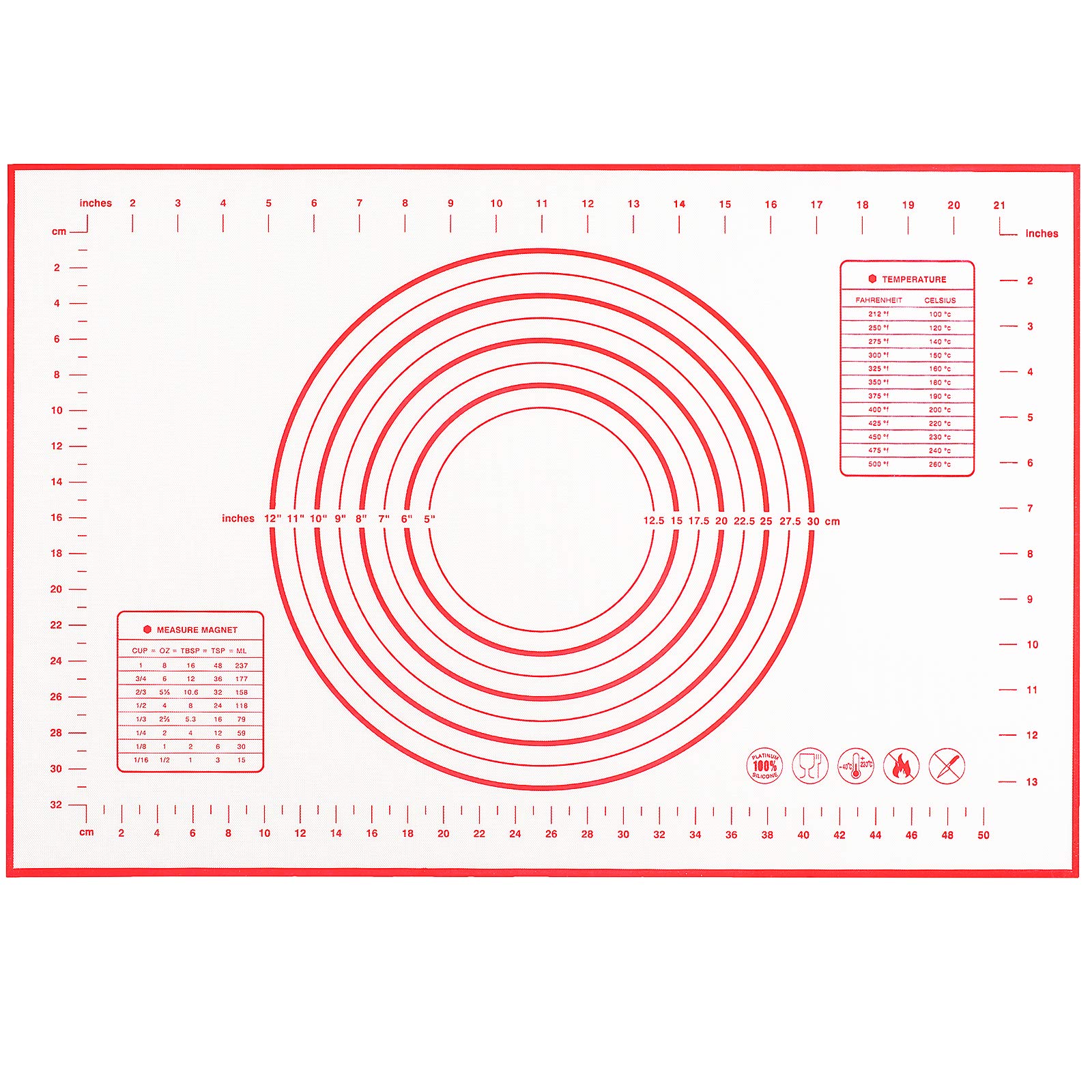 BESORICH Silicone Baking Mat 100% Non-Slip with Measurement Counter Mats, Dough Rolling Mat, Pie Crust Mat 16 x 24 Inches - Red