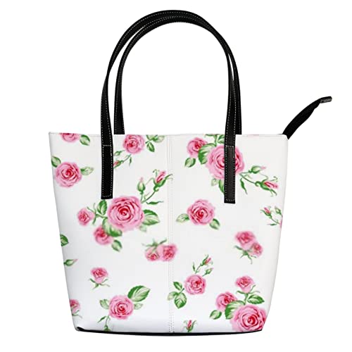 Fashion Tote Handbags Women's Soft Tote Shoulder Bag for Women Work Shopping Top Handle Satchel Bags, 15.8×4×15.4 inches,Pink Roses