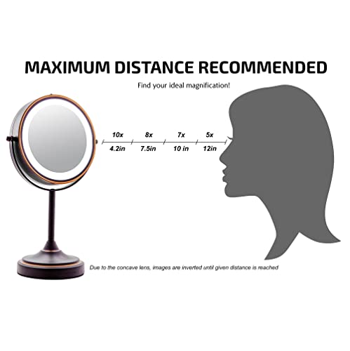 OVENTE 7'' Lighted Makeup Mirror with 1X/7X Magnification, Cordless Tabletop Mount Vanity Mirror with 360° Swivel Design & Double Sided Glow Cosmetic White LED Ring Light, Antique Bronze MCT70ABZ1X7X