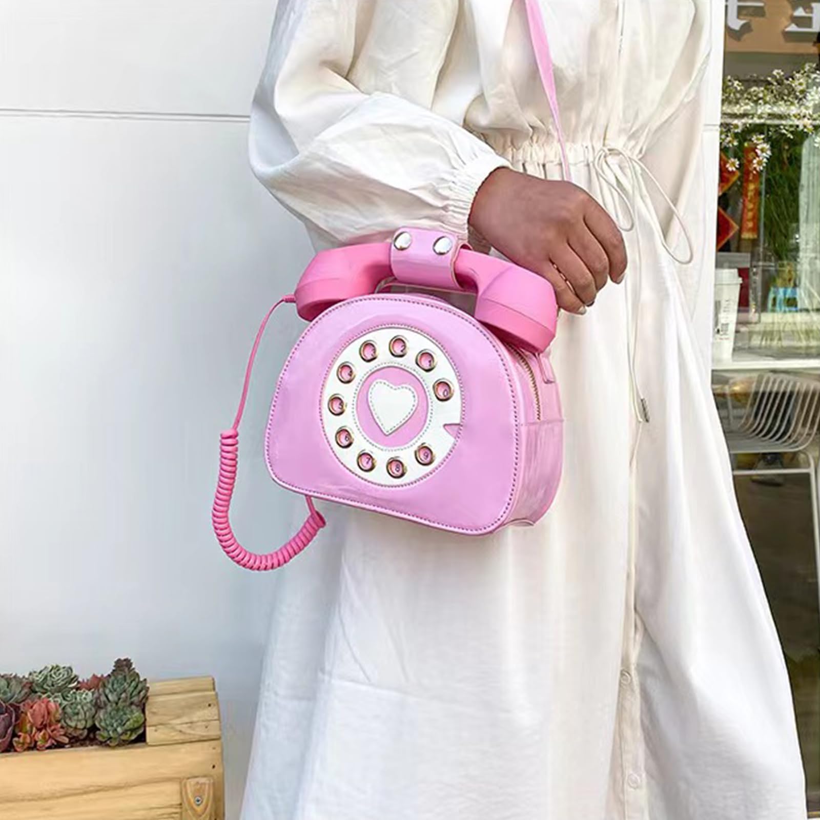 Fozehlad Novelty Telephone Shaped Shoulder Bag Funny Retro Phone Crossbody Bag Totes Chain Purse(Patent Leather,Pink)