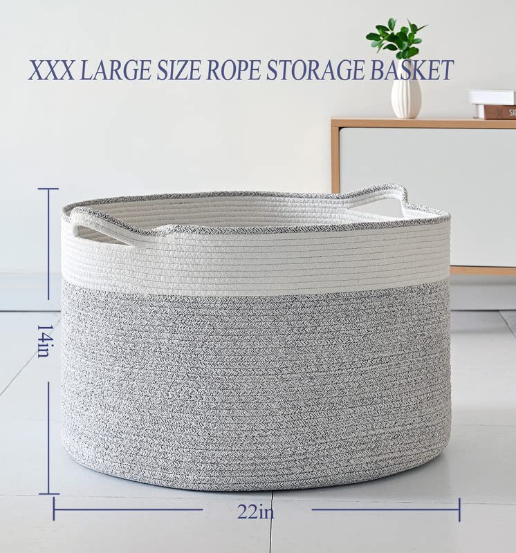 Large Cotton Rope Basket, Blanket Basket 22" x 22" x 14" Woven Cotton Rope Basket Toy Basket Soft Storage Basket White & Navy Blue