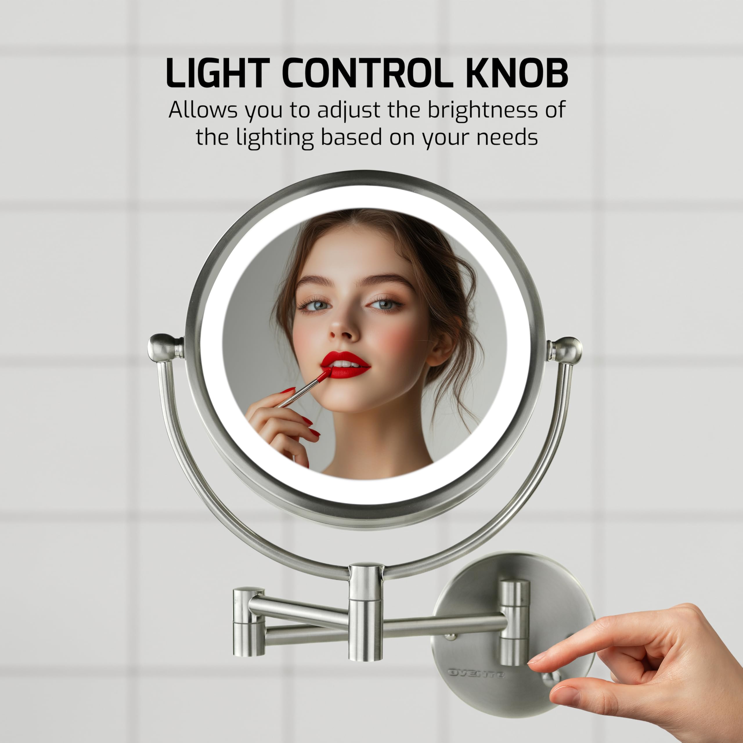 OVENTE 9" Lighted Wall Mount Makeup Mirror with 1X/7X Magnification, Double Sided Magnifying Vanity Mirror, LED Glow Light, 360° Swivel Design, Extendable & Folding Arm, Nickel Brushed MPWD3185BR1X7X