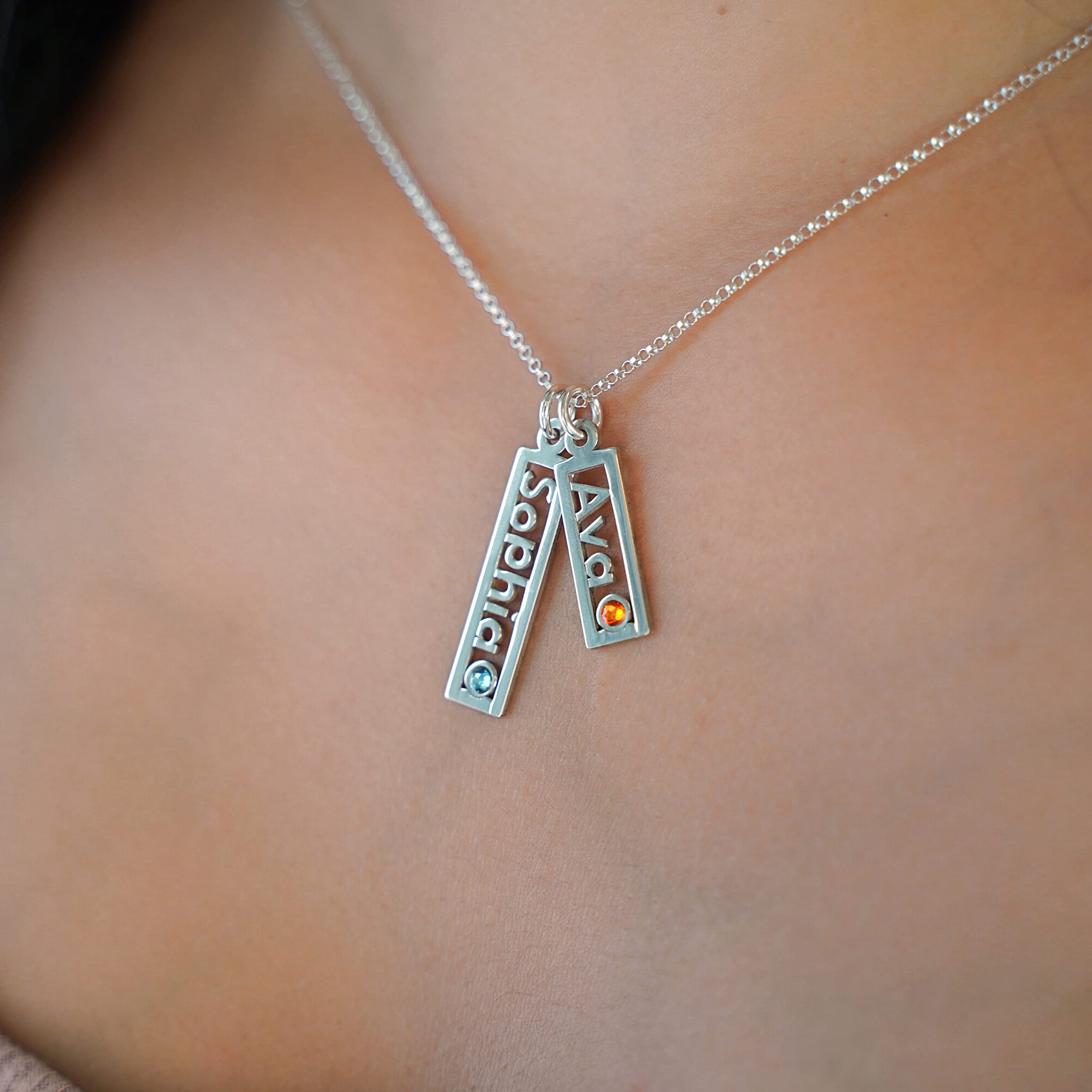 AJ's Collection Personalized Rectangle Double Open Name Sterling Silver Necklace With Birthstone Setting. Customize a Name Charm. Sterling Silver Cable Chain. Gift For Her and All Occasions