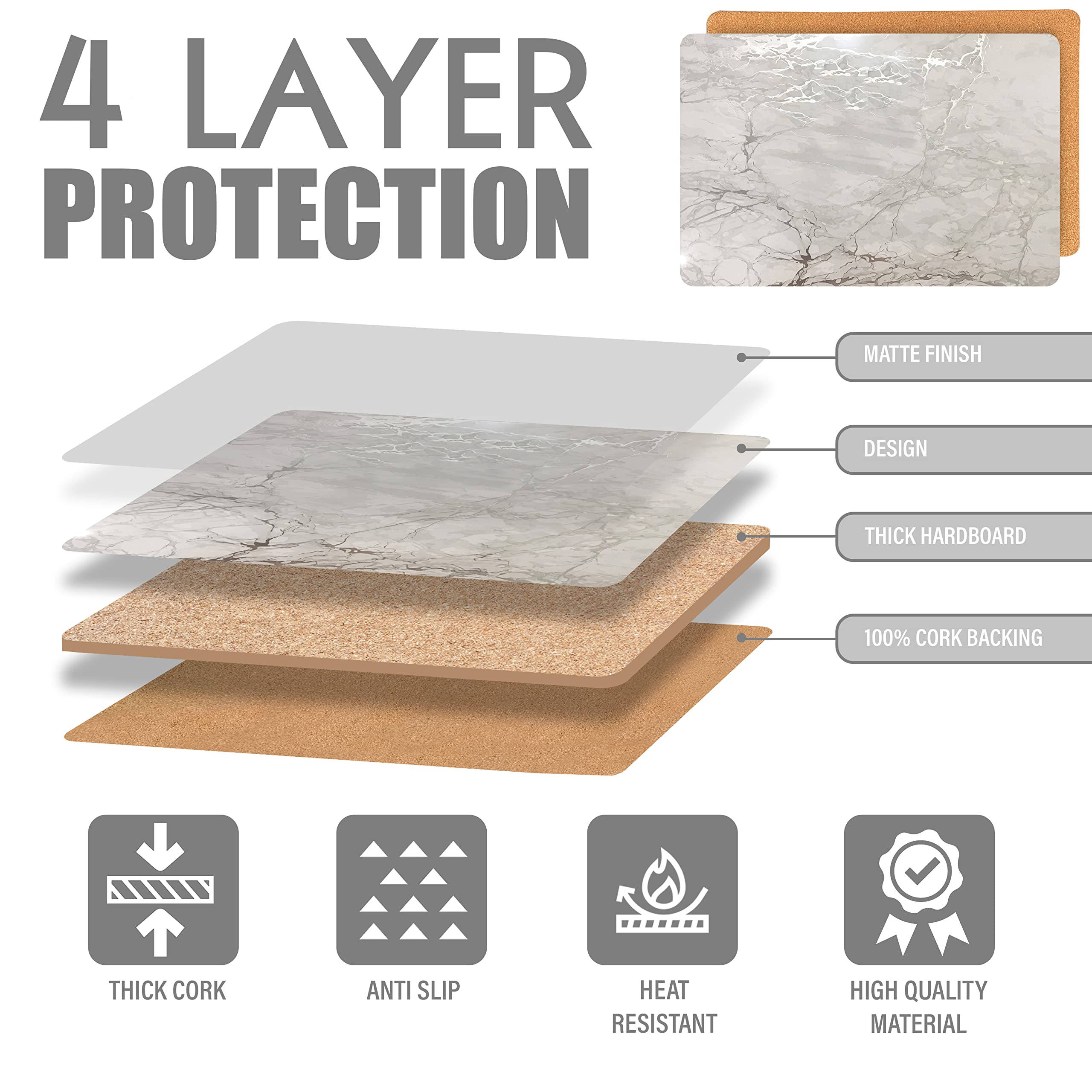 Dainty Home Marble Cork Place Mats Rectangle Silver Gold 12"x18" Set of 2 Washable Placemats Heat Resistant Placemats Non Slip Table Placemats