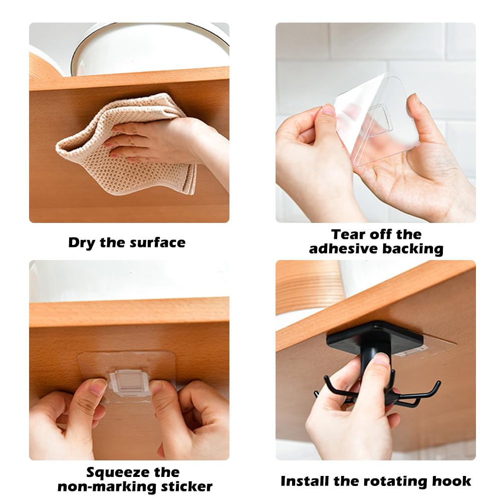 TIE-DailyNec 4 Pack Under Cabinet Kitchen Utensil Hooks Utility Hooks 360 °Rotating Nail Free Adhesive Hanging Hooks for Kitchen Utensils, Tools, Towel, Knife (Gray)