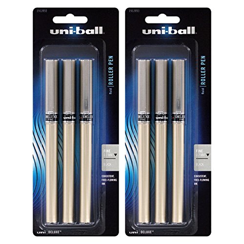 Uni-Ball Deluxe Rollerball Stick Pens, Fine Point 0.7mm, Black Ink, Champagne Gold Barrel, Pack of 6