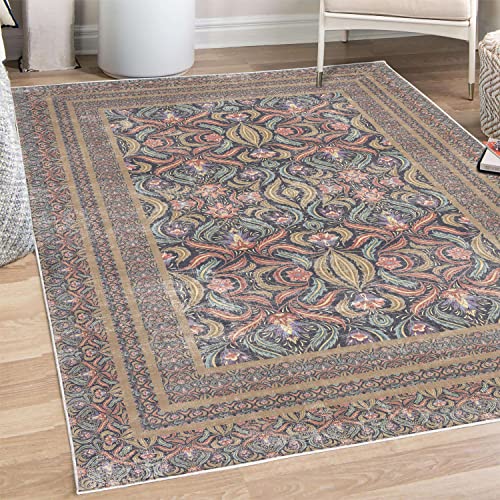 Ambesonne Oriental Decorative Rug, Traditional Culture Pattern of Flowers and Blossoms Composition Artwork, Quality Carpet for Bedroom Dorm and Living Room, 4' X 5' 5", Khaki Multicolor