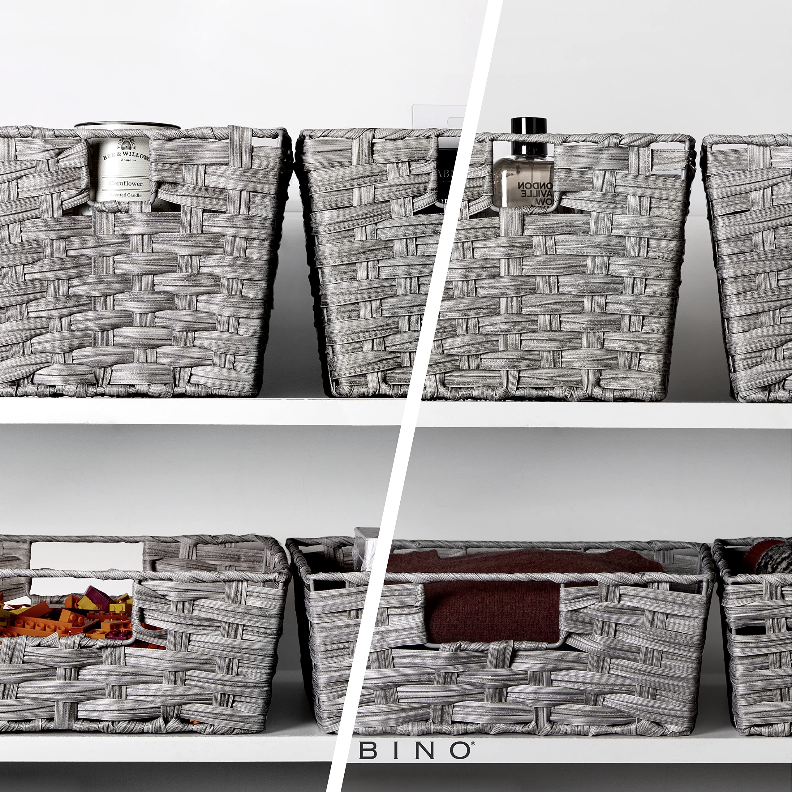 BINO 2 Pack Woven Resin Basket Organizer - Shelf Organizer with Built-in Carry Handles, Large - Light Grey