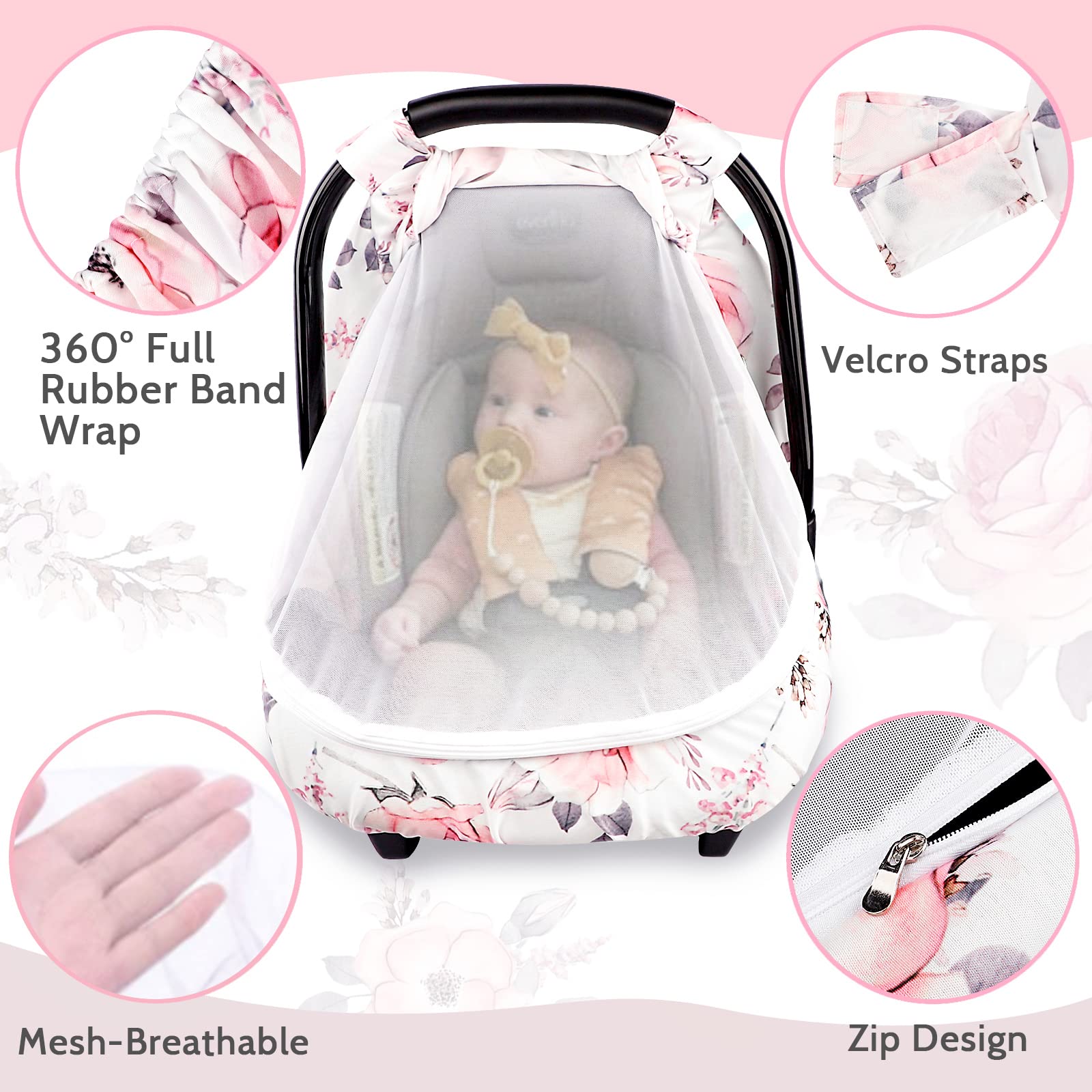 Baby Car Seat Cover & Blanket for Girls, Floral Infant Carseat Canopy, Double Layer Minky Blankets with Dotted Backing, Pink