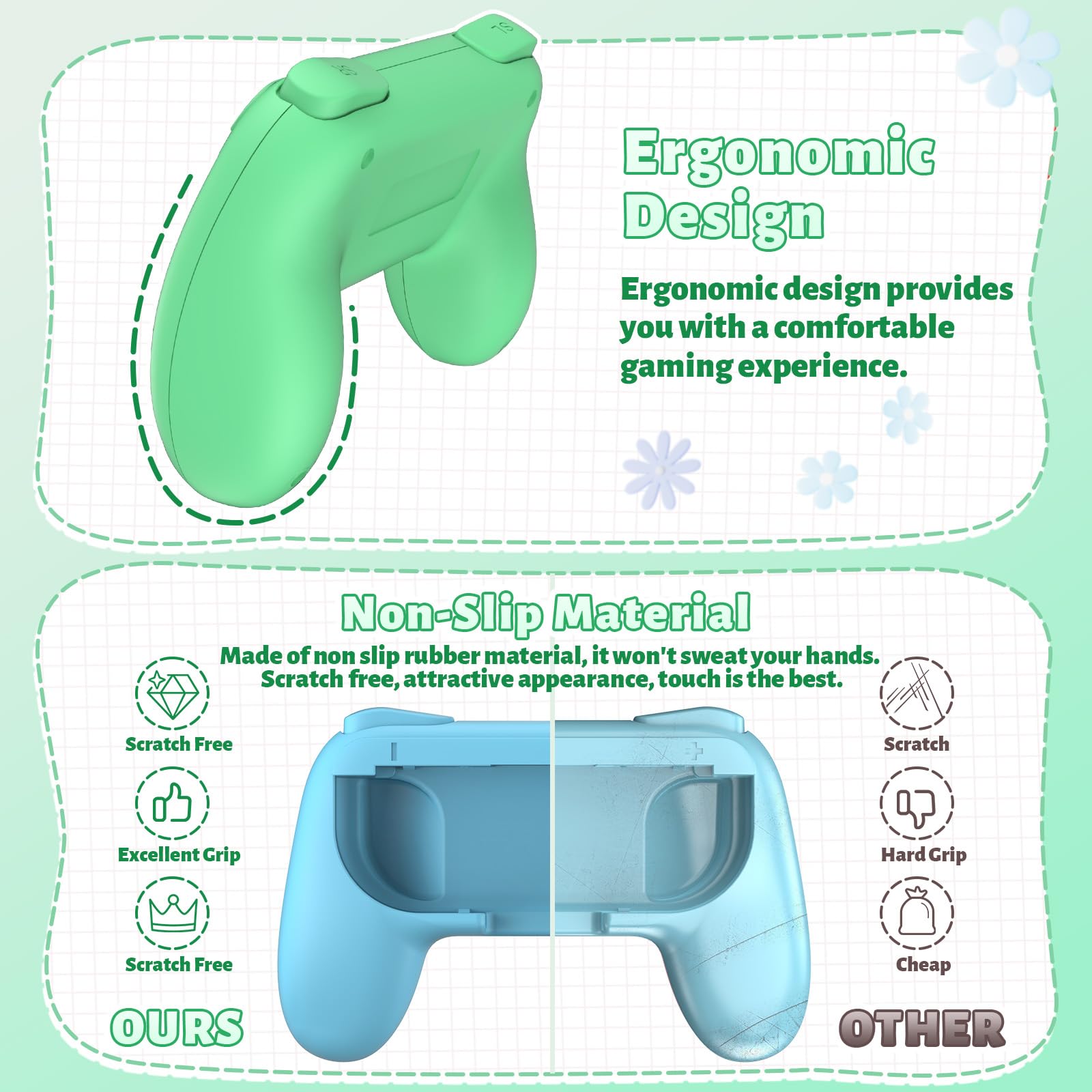 FASTSNAIL Grips Compatible with Nintendo Switch for Joy Con & OLED Model for Joycon, Wear-resistant Handle Kit Compatible with Joy Cons Controllers, 2 Pack(Light Green and Light Blue)