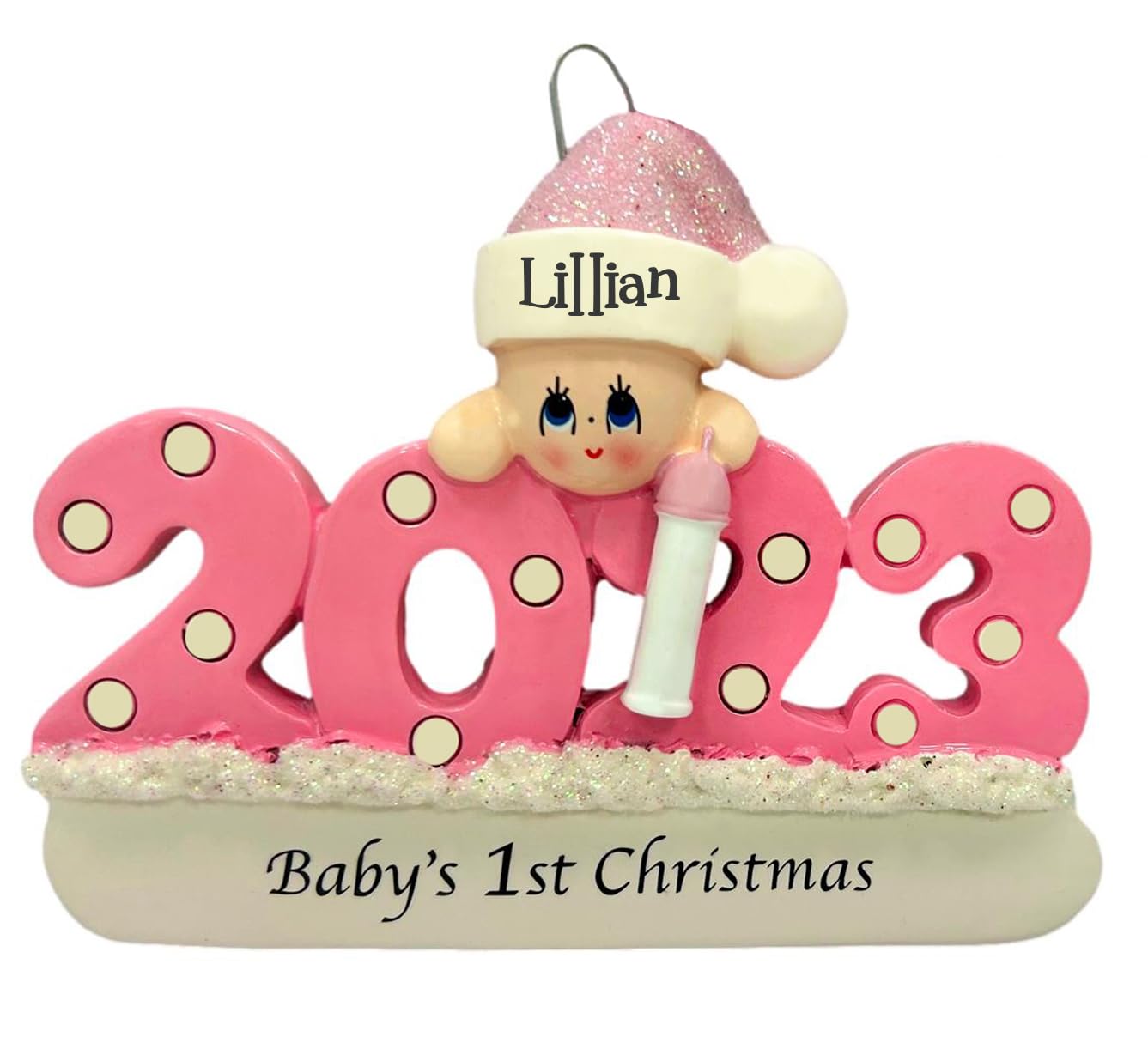 Personalized 2021 Baby's First Christmas Tree Ornament 1st Keepsake Gift - Pink Baby Girl with Santa Stocking Cap Hat and Bottle - Your Choice of Name