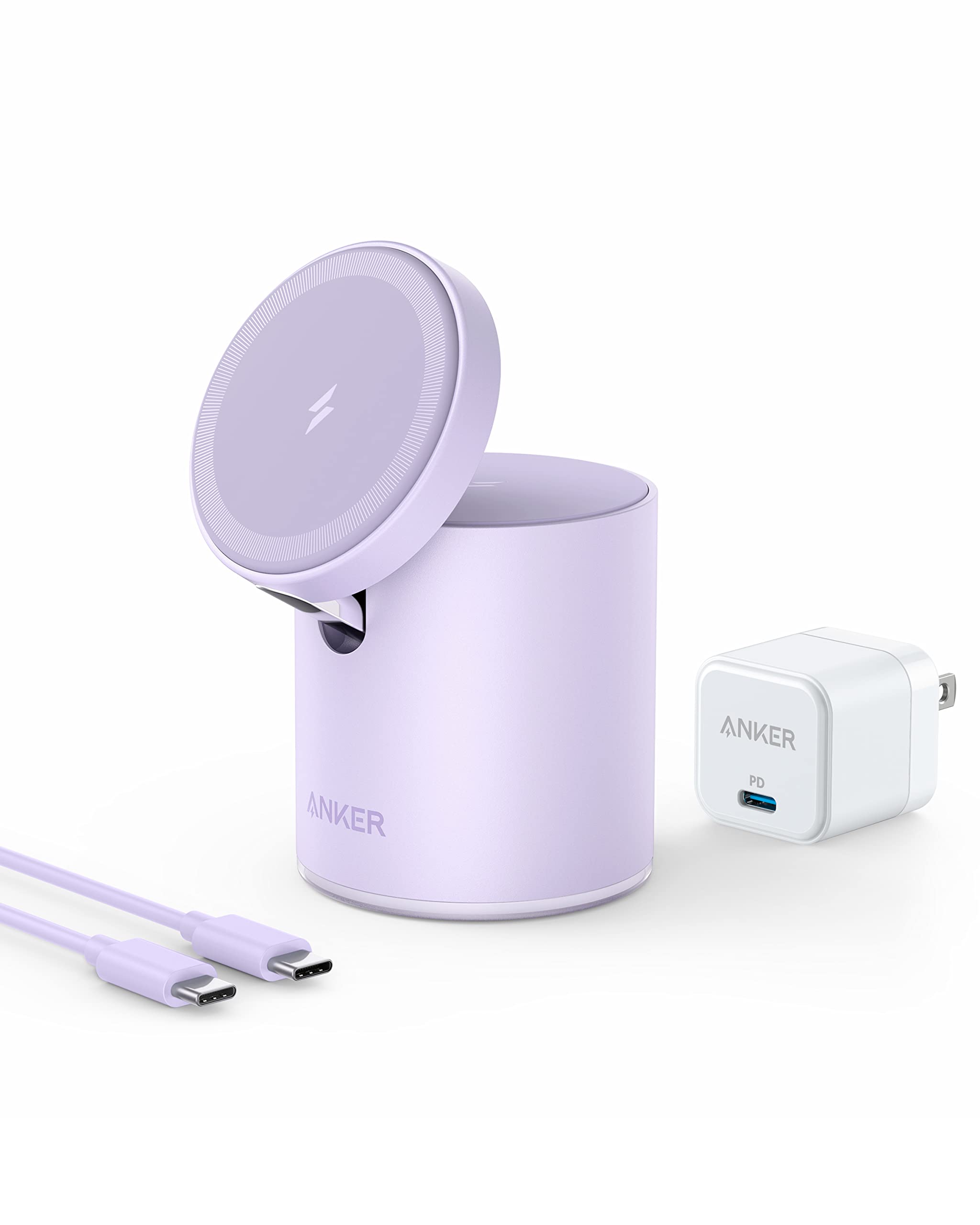 Anker Magnetic 623 MagGo 2-in-1 Wireless Charging Station with 20W USB-C Charger, for iPhone 14/14 Pro/14 Pro Max/13/13 Pro Max, AirPods Pro (Lilac Purple)