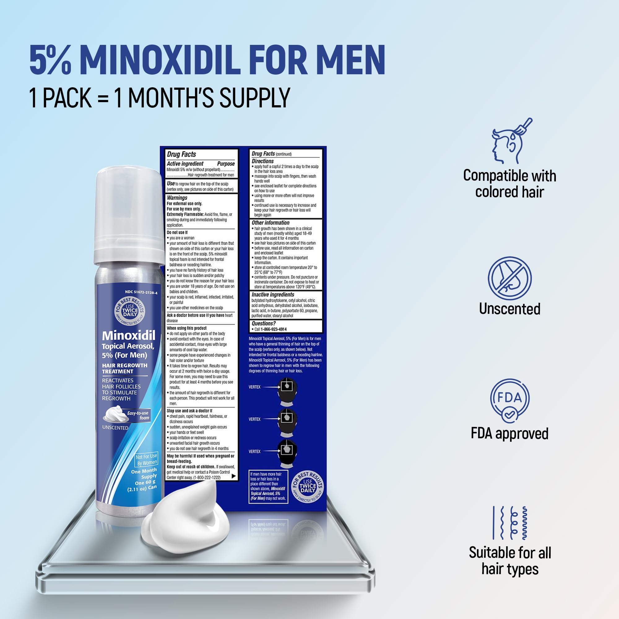 Taro Minoxidil Topical Aerosol Foam, 5%, Hair Regrowth Treatment for Men, 2.11 oz
