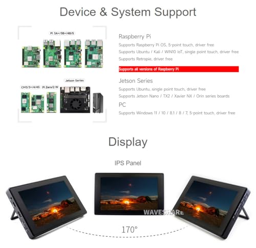 Waveshare 7inch Capacitive Touch Screen LCD (H) with Case, Compatible with Raspberry Pi 5/4B/3B/Zero/Zero W/Zero 2W/Pico/Pico W/Pico WH, 1024×600, HDMI, IPS