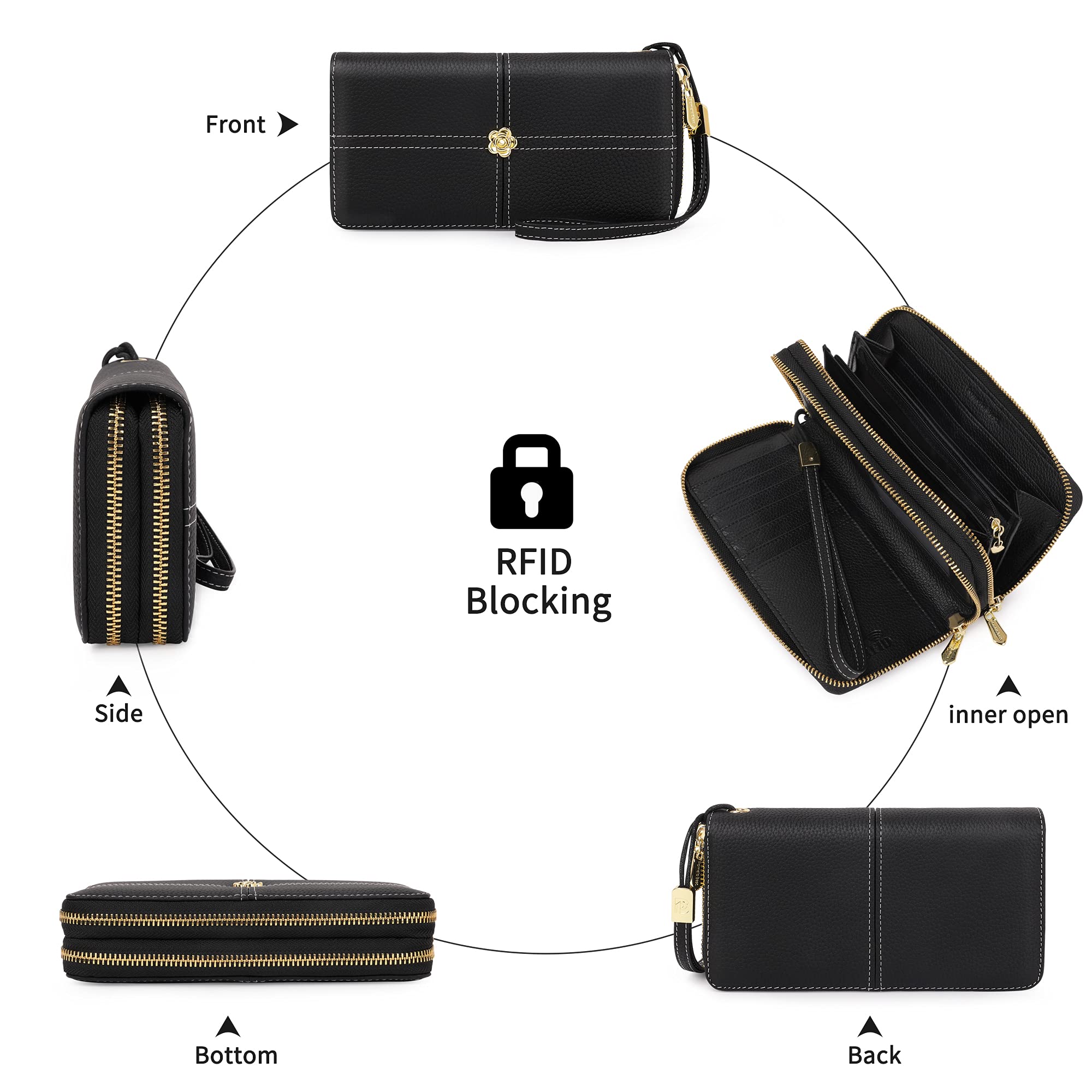Pomelo Best Real Leather Women's Wallet with Camellia Ornament, RFID Blocking, Coin Pocket, Black, L