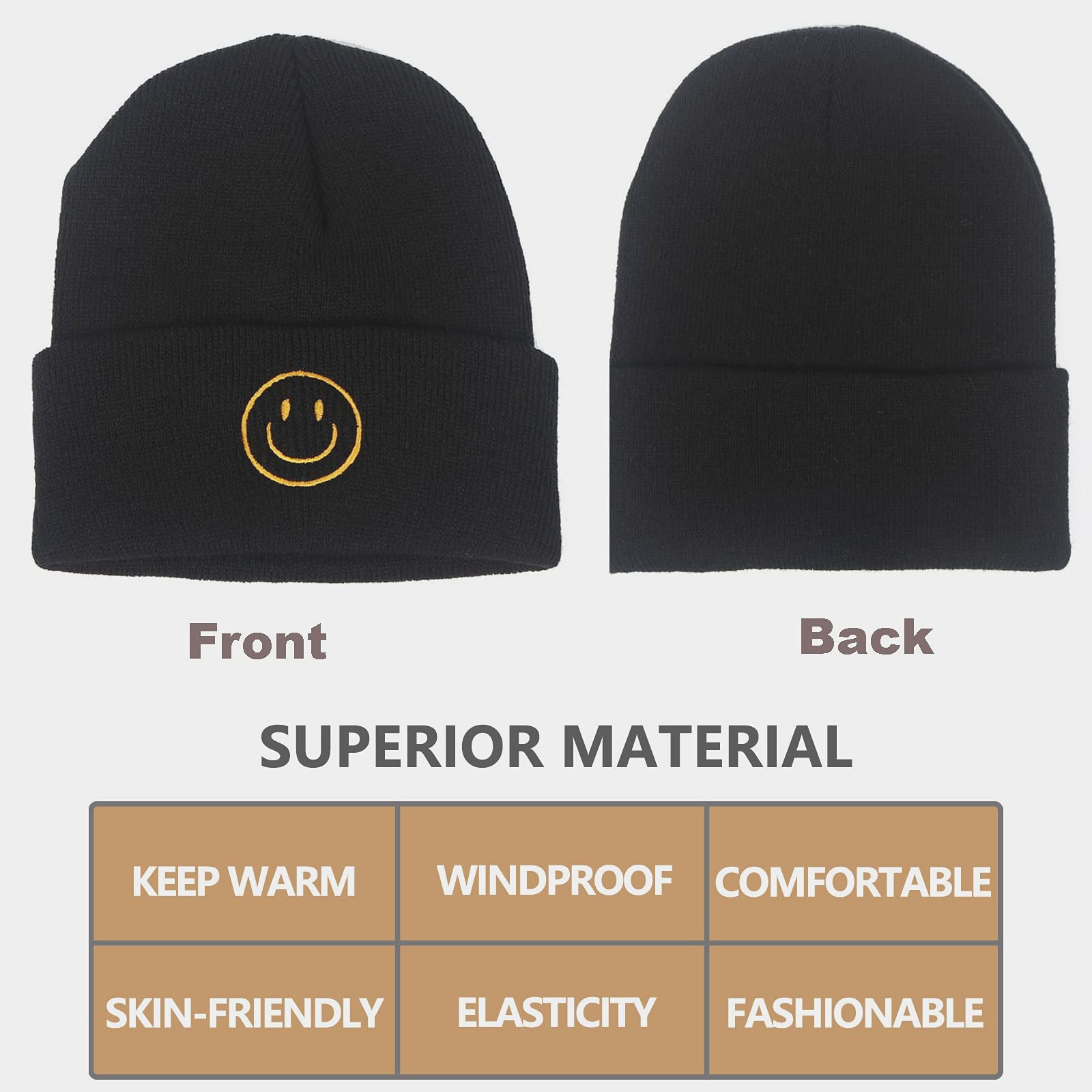AJG Beanie Hats for Men,Unisex Smile Face Embroidered Acrylic Soft Warm Winter Cuffed Knit Hats for Women (B-Black & White (2 Pack))