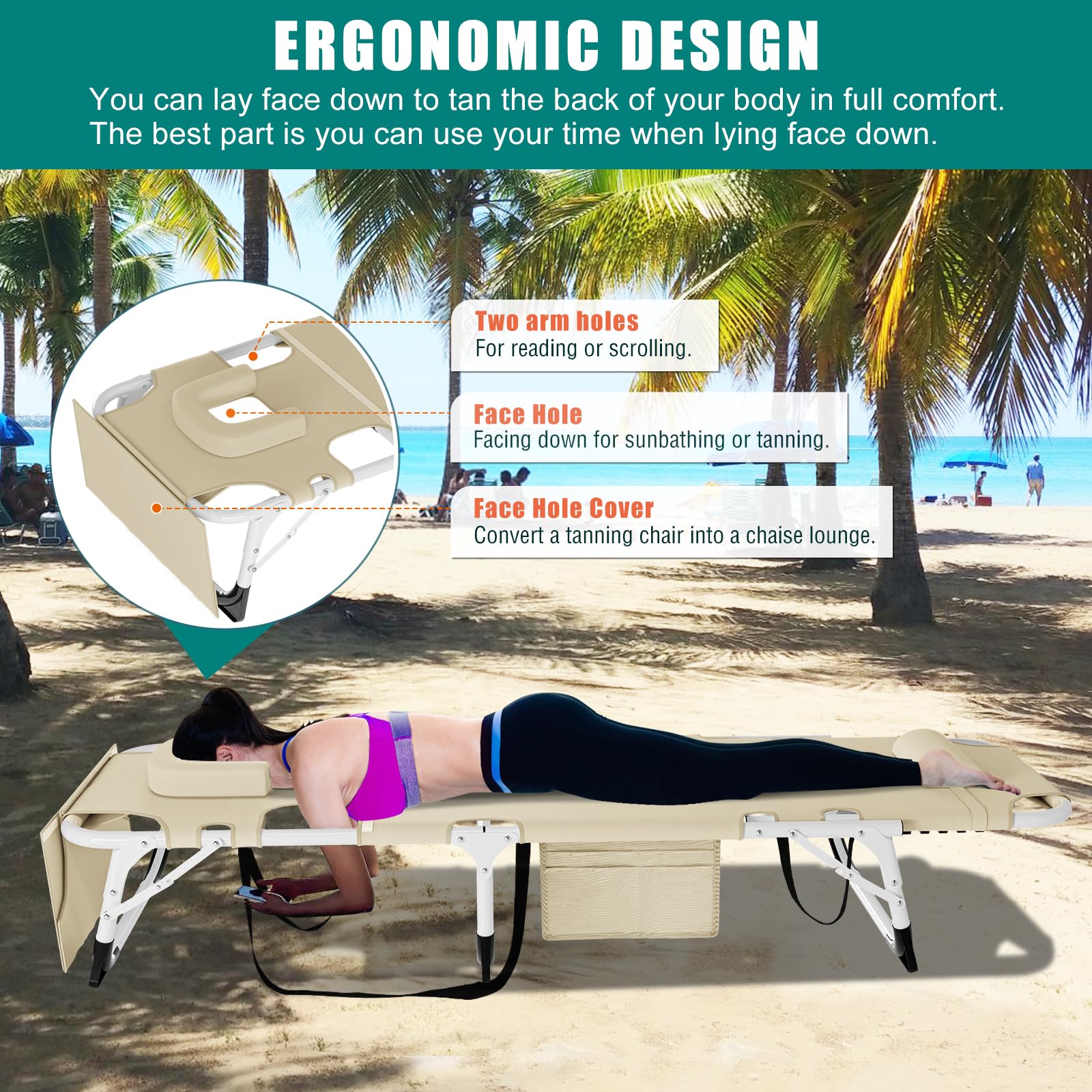 DoCred Folding Chaise Lounge Chair, Oversized Tanning Chair 5-Position Patio Chaise Lounge Beach Chair with Face Hole for Outside, Poolside, Beach, Lawn, Camping