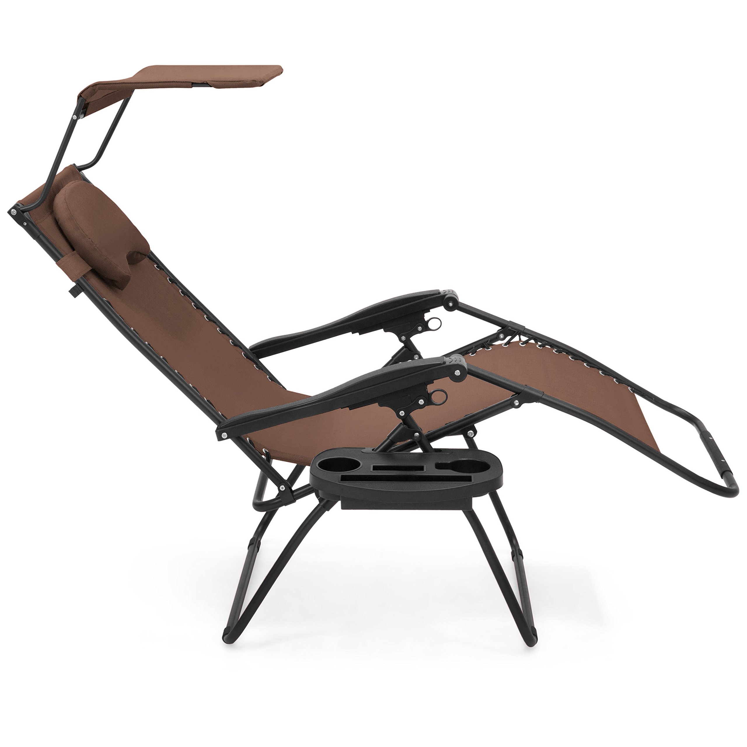 Best Choice Products Oversized Steel Mesh Zero Gravity Reclining Lounge Patio Chair w/Folding Canopy Shade and Cup Holder, Brown
