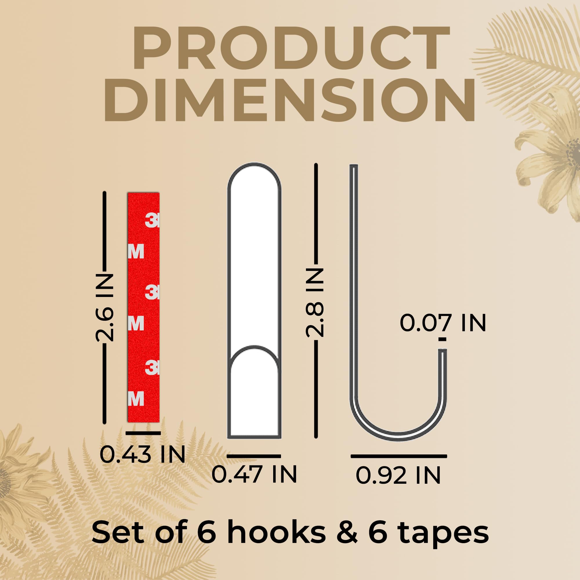 PHILIPCO - 6 Brass Bathroom Wall Hooks for Hanging Towels | Self Adhesive Wall Hooks for Shower Wall | Nailless Hooks for Shower Tile | Damage Free Hanging Hooks Multi Purpose [Stronger Adhesive]