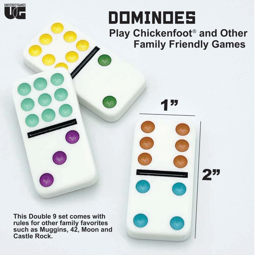 Front Porch Classics | Double 9 Colored Dot Dominoes Travel Tin Set, 2 to 8 Players Ages 8 to 99