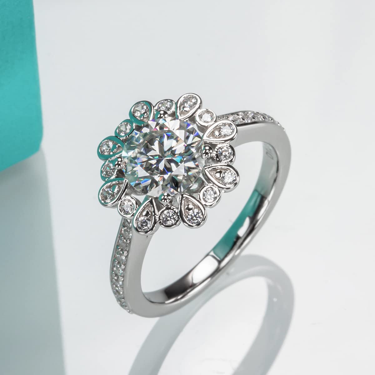 AnuClub 1.2ct Moissanite Halo Sunflower Engagement Ring, D-E Color Lab Created Diamond Sterling Silver Wedding Ring, Christmas Gift for Women Size 7.5