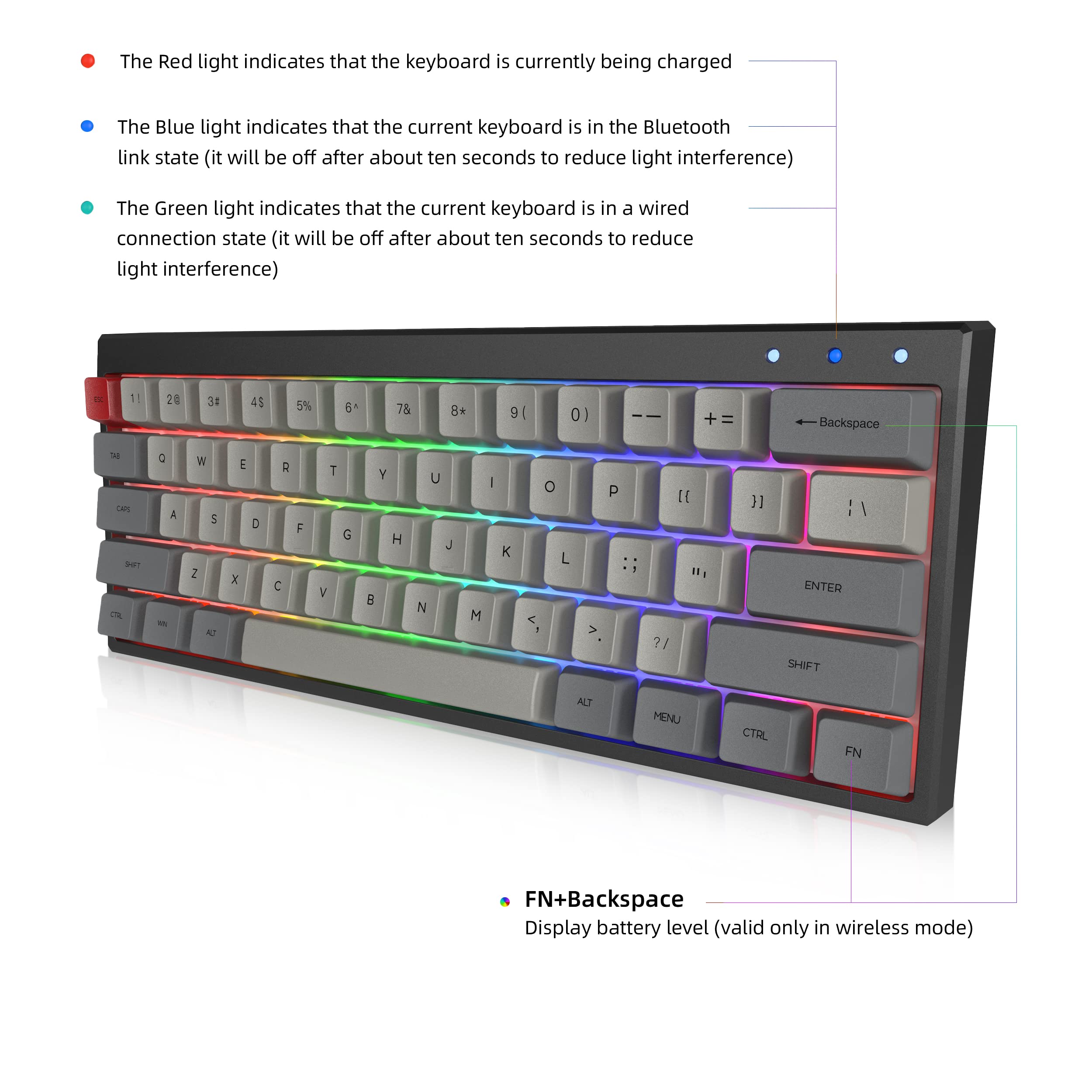 Ractous RTK61BP 60% Wireless Mechanical Gaming Keyboard,RGB Blacklit PBT Sublimation Keycaps 61keys Bluetooth5.1/Wried Gaming Keyboard for PC/Mac Gamers,Hot-Swap Gateron Optical Brown Switch-Black