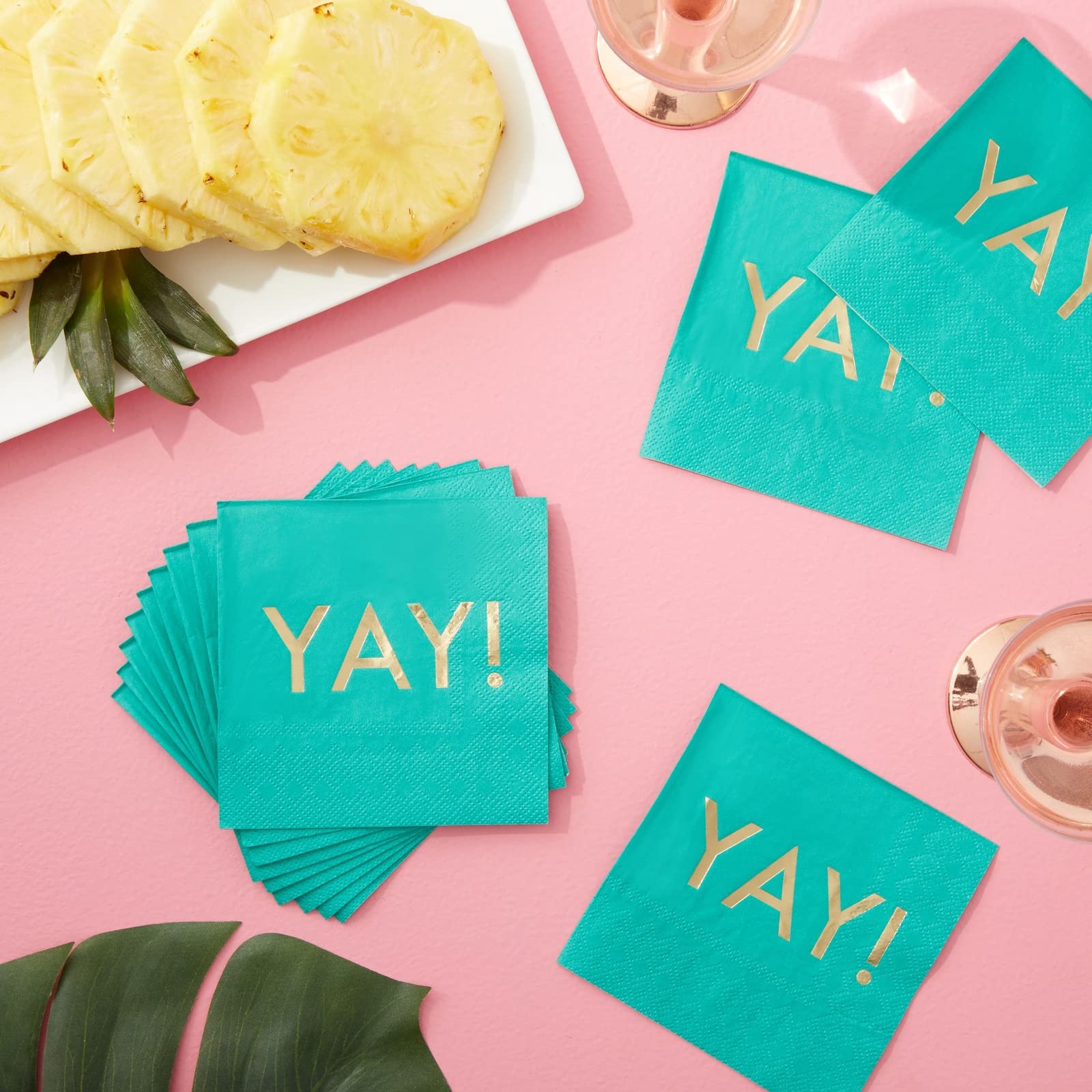 BLUE PANDA 50 Pack Teal Paper Napkins with Gold Foil YAY for Party Supplies (3-Ply, 5 x 5 Inches)