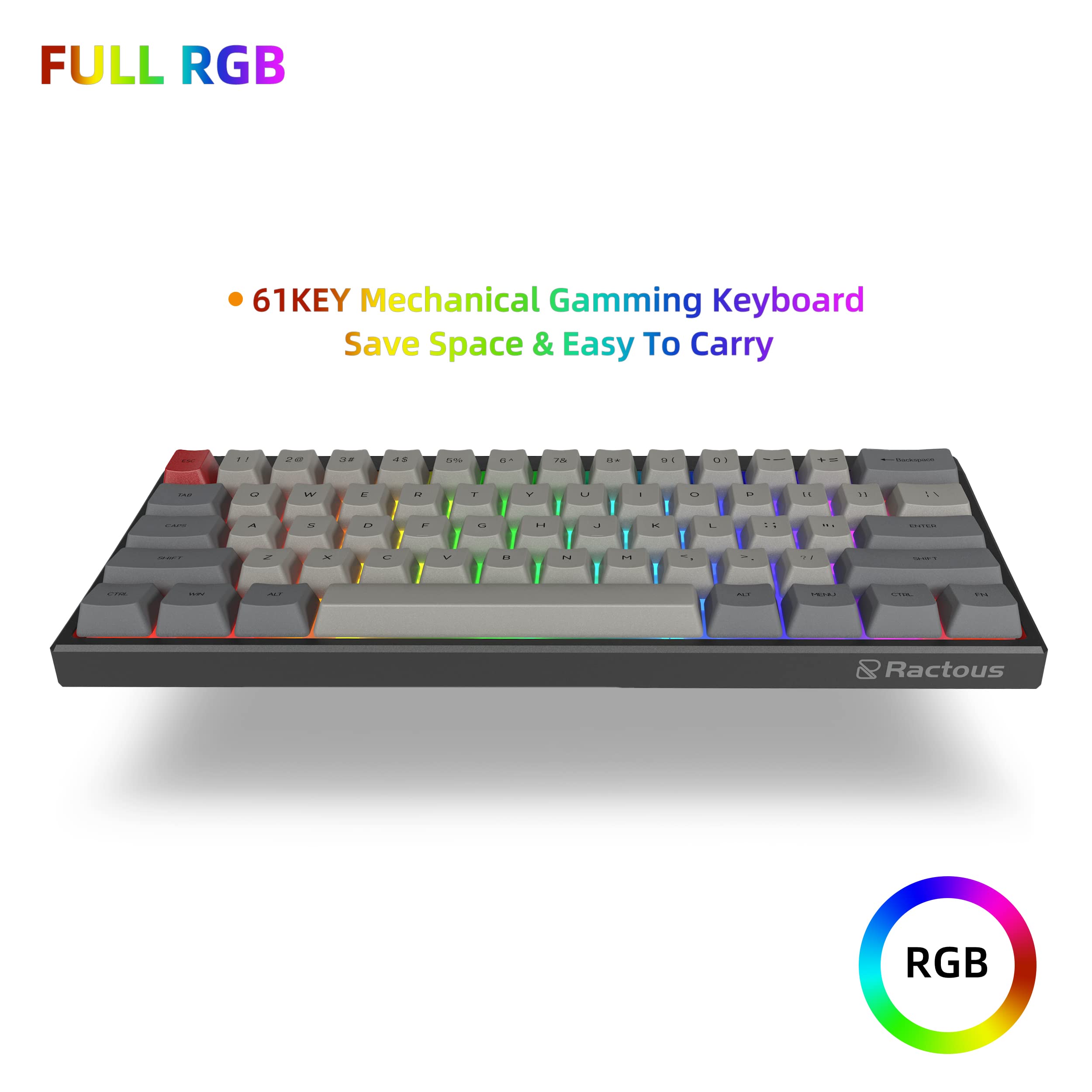 Ractous RTK61BP 60% Wireless Mechanical Gaming Keyboard,RGB Blacklit PBT Sublimation Keycaps 61keys Bluetooth5.1/Wried Gaming Keyboard for PC/Mac Gamers,Hot-Swap Gateron Optical Bule Switch-Black