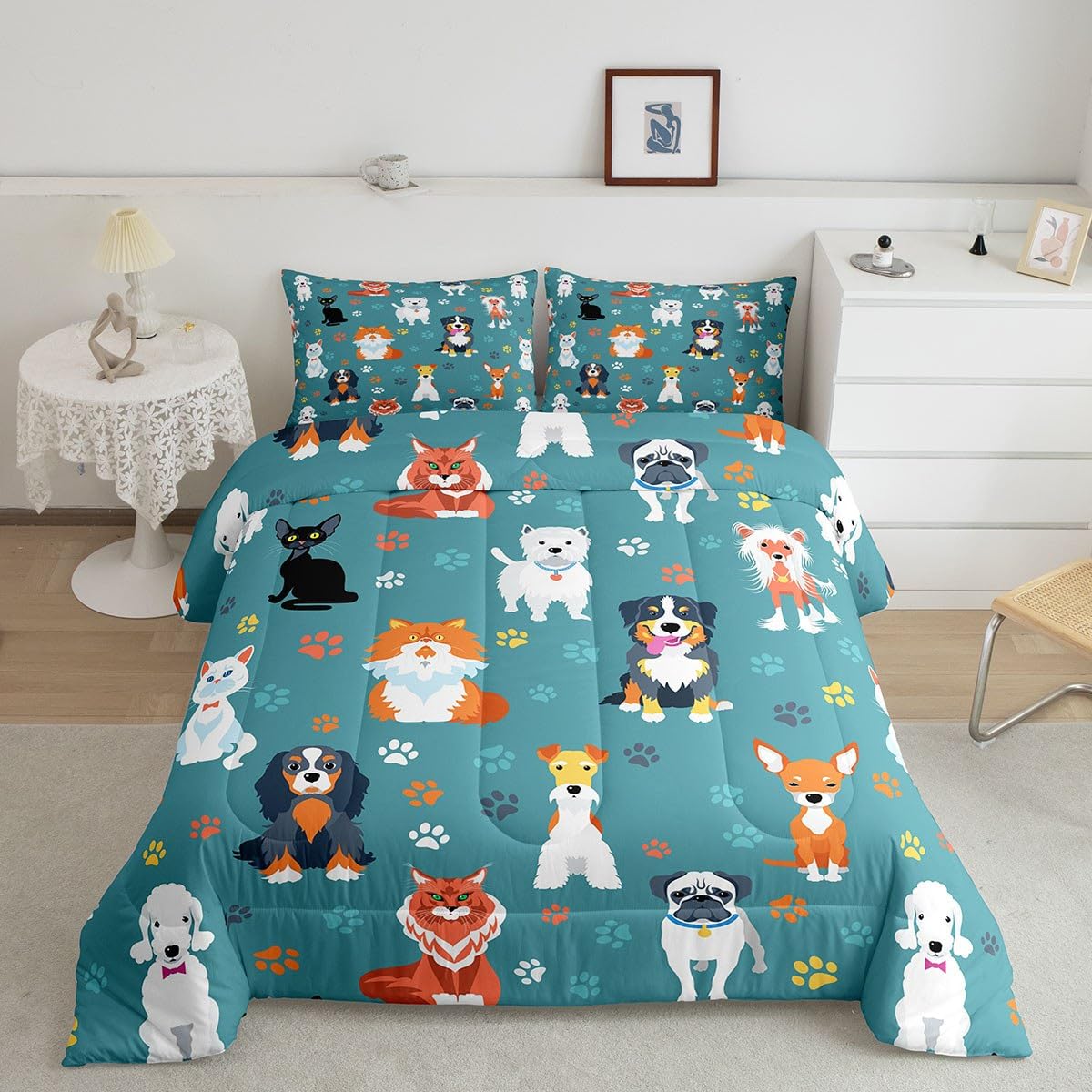 Cute Dog and Cat Comforter Set Twin Size Colorful Puppy Paw Print Bedding Set 2Pcs for Kids Girls Boys Bedroom Decor Cartoon Pet Animals Quilt Set Dark Green Kawaii Duvet Insert,1 Pillowcase
