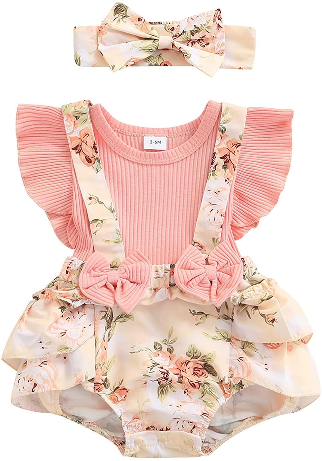 Socutebabe Baby Girl Floral Romper Newborn Dress Ruffle Onesie Suspender Shorts Jumpsuit Cute Summer Clothes and Headband (A Pink, 0-3 Months)