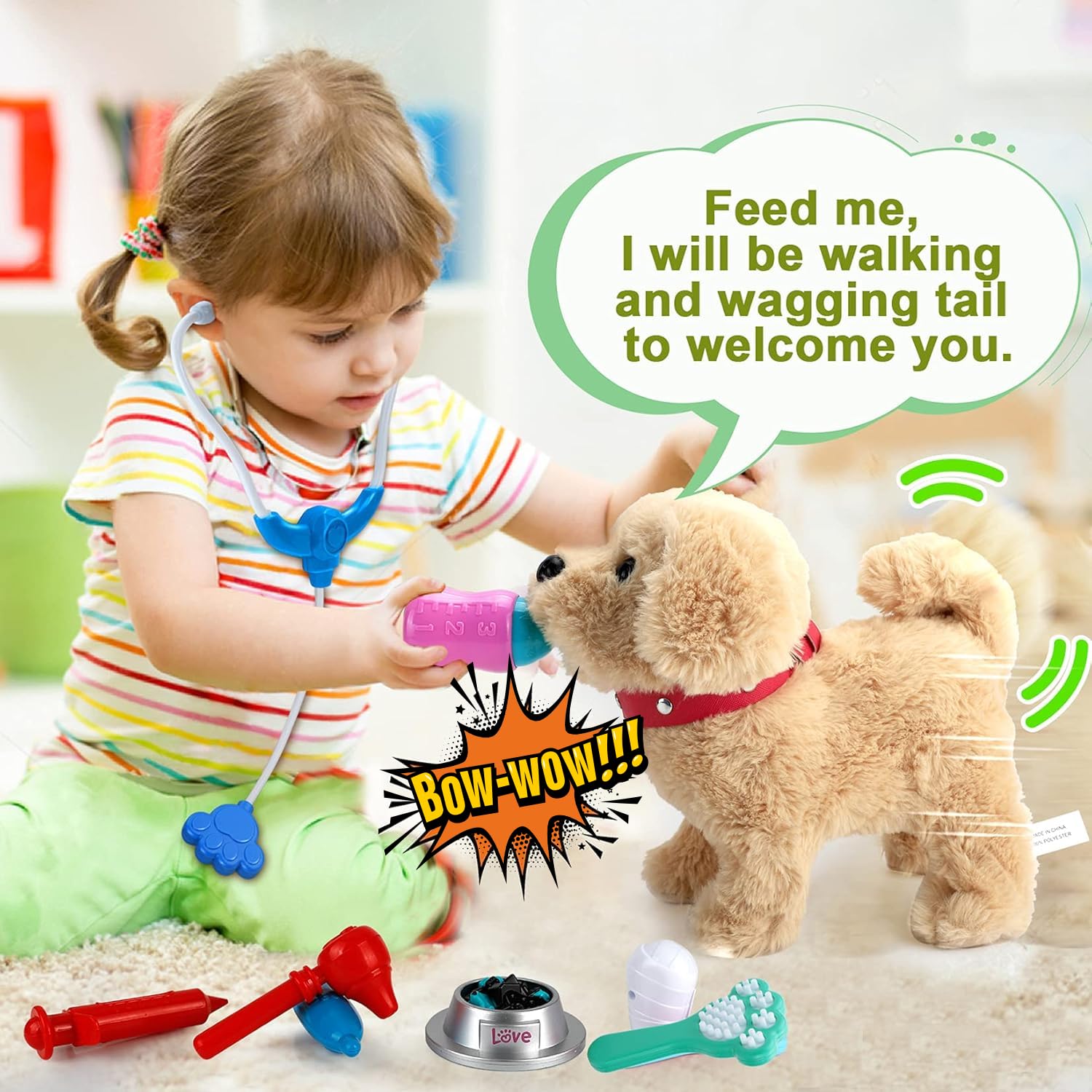 Koonie Toy Dog, Singing, Walking, Barking, Tail Wagging, Plush Interactive Toy for 2-5 Years Kids