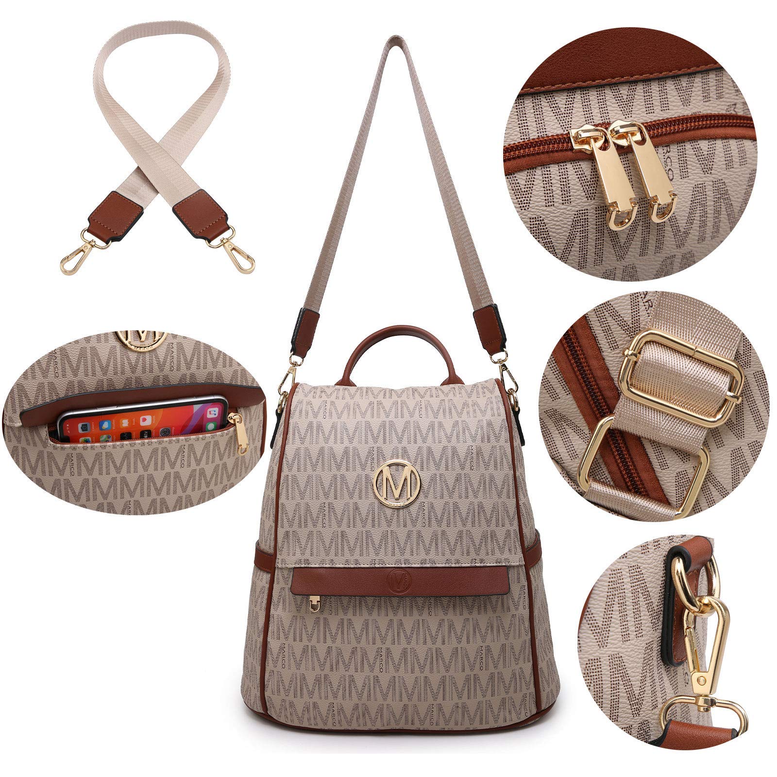 MKP Women Fashion Medium Backpack Purse (Beige and Coffee)