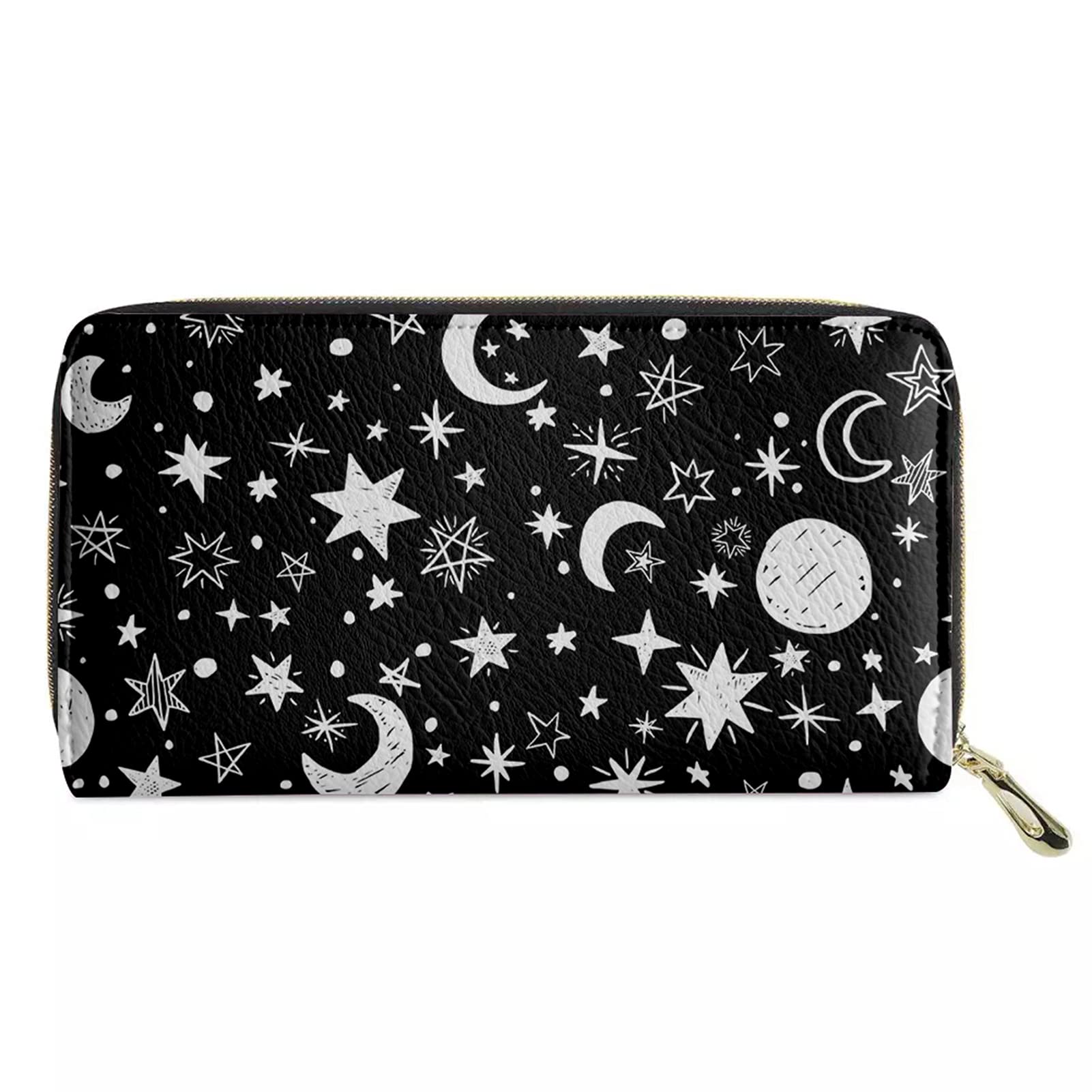 FUIBENG Black Star And Moon Print Women Leather Wallet Long Money Purse Portable Coin Purse With Zipper Cash Card Holder Case Girl Handbag