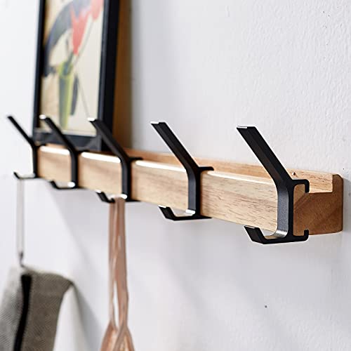 UOCO Coat Hook Wall Mounted Coat Rack-5 Double Hook, 15 Inch Aluminum,Metal Coat Hook Rail for Coat Hat Towel Robes, Wooden (Black 1PCS)