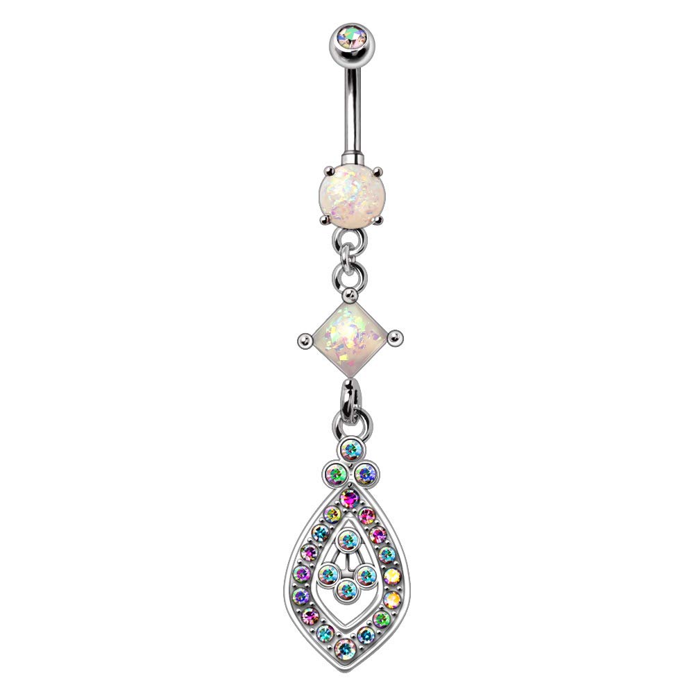 Amelia Fashion 14GA Opal & Aurora Teardrop Externally Threaded Belly Button Ring Dangle Belly Button/Navel Ring Double Jeweled 316L Surgical Steel (Aurora Borealis)