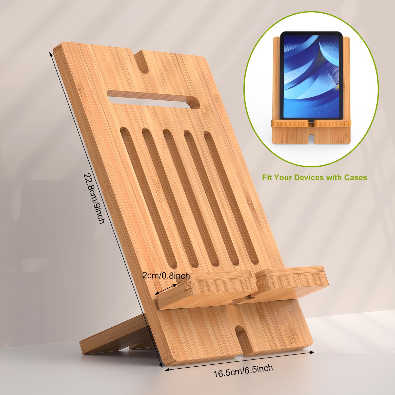Pezin & Hulin Bamboo Tablet Stand Adjustable, Desktop Cell Phone Stand Holder Dock Compatible with Pad 9.7, 10.5, 12.9, Air 2 3 4 Mini, E-Reader, Phone 8 Plus X XS Max XR (Support to 4.7-13" Devices)