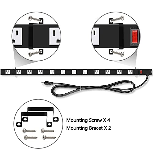 ANKO 12-Outlet Heavy Duty Workshop Metal Power Strip; 15-Foot Long Extension Cord; Mounting Brackets Included; ETL Certified (Black)
