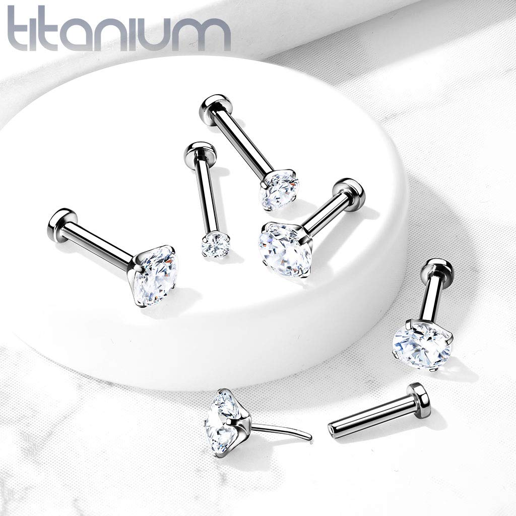 Amelia Fashion Implant Grade Titanium Threadless Push in Labret, Flat Back Studs with CZ Prong Set Top for Cartilage, Monroe, Nose and More (Choose Size) (16GA (1.2mm) L.1/4" (6mm) Ball: 3mm)