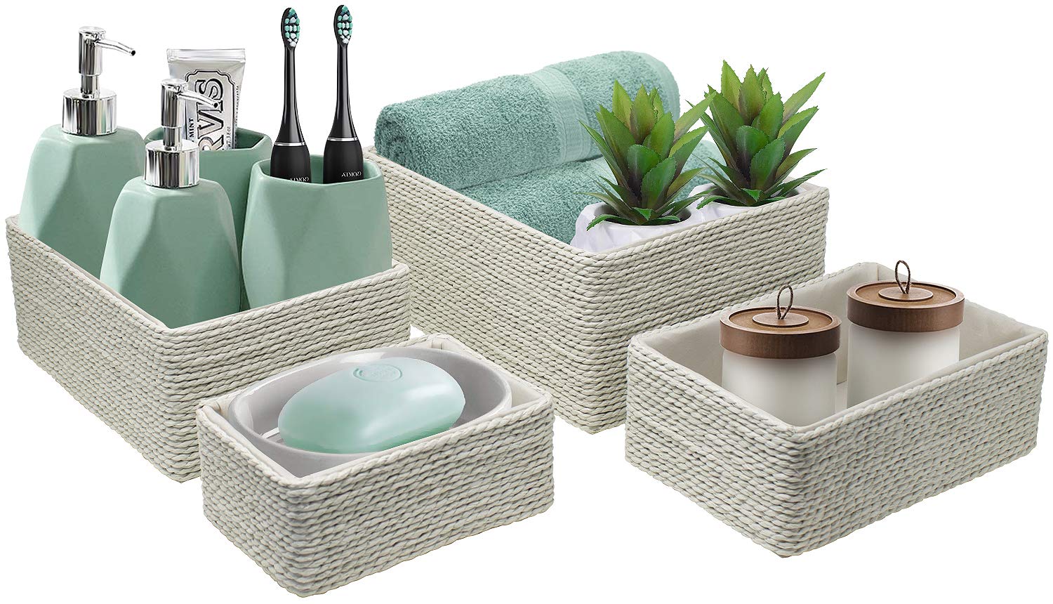 Sorbus Storage Baskets 4-Piece Set - Stackable Woven Basket Paper Rope Bin Boxes for Makeup, Office Supplies, Bedroom, Closet (Teal)