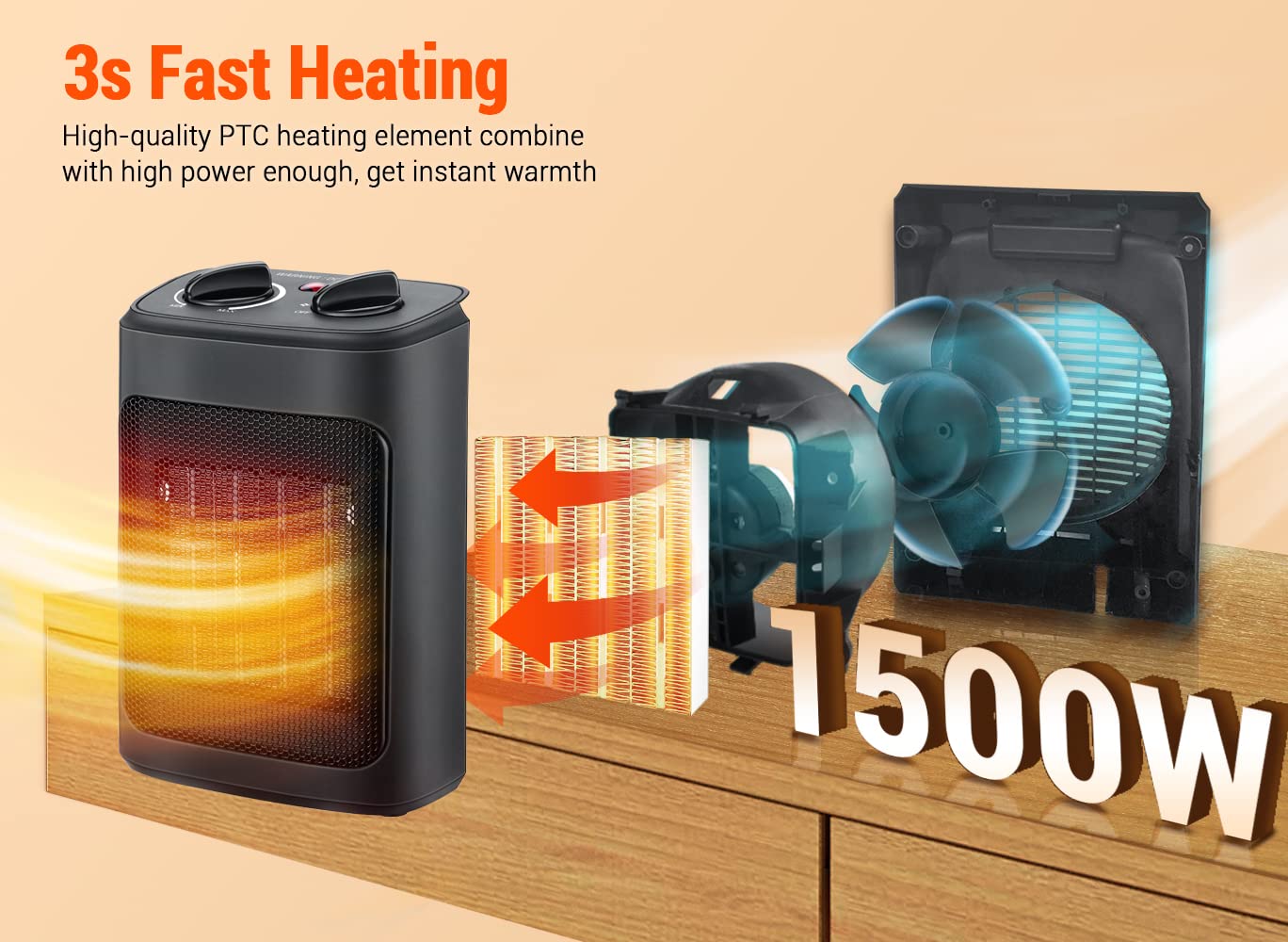 Space Heater, 1500W Heaters for Indoor Use with Thermostat, 1s Fast Heating Portable Electric Heater with 4 Modes, Small Ceramic PTC Room Heater with Tip-Over and Overheat Protection for Home, Office