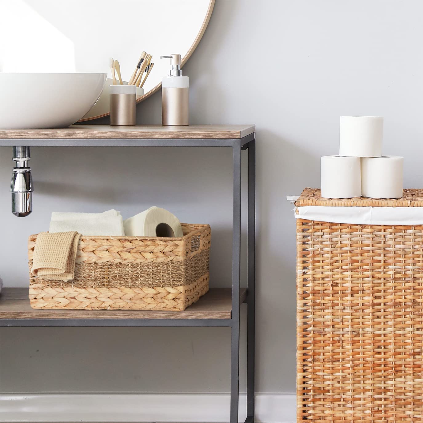 Artera Large Wicker Storage Basket - Set of 4 Woven Water Hyacinth Baskets with Handle, Large Rectangular Natural Nesting Storage Bins for Bedroom, Bathroom, Laundry Room or Kitchen (Style 1)