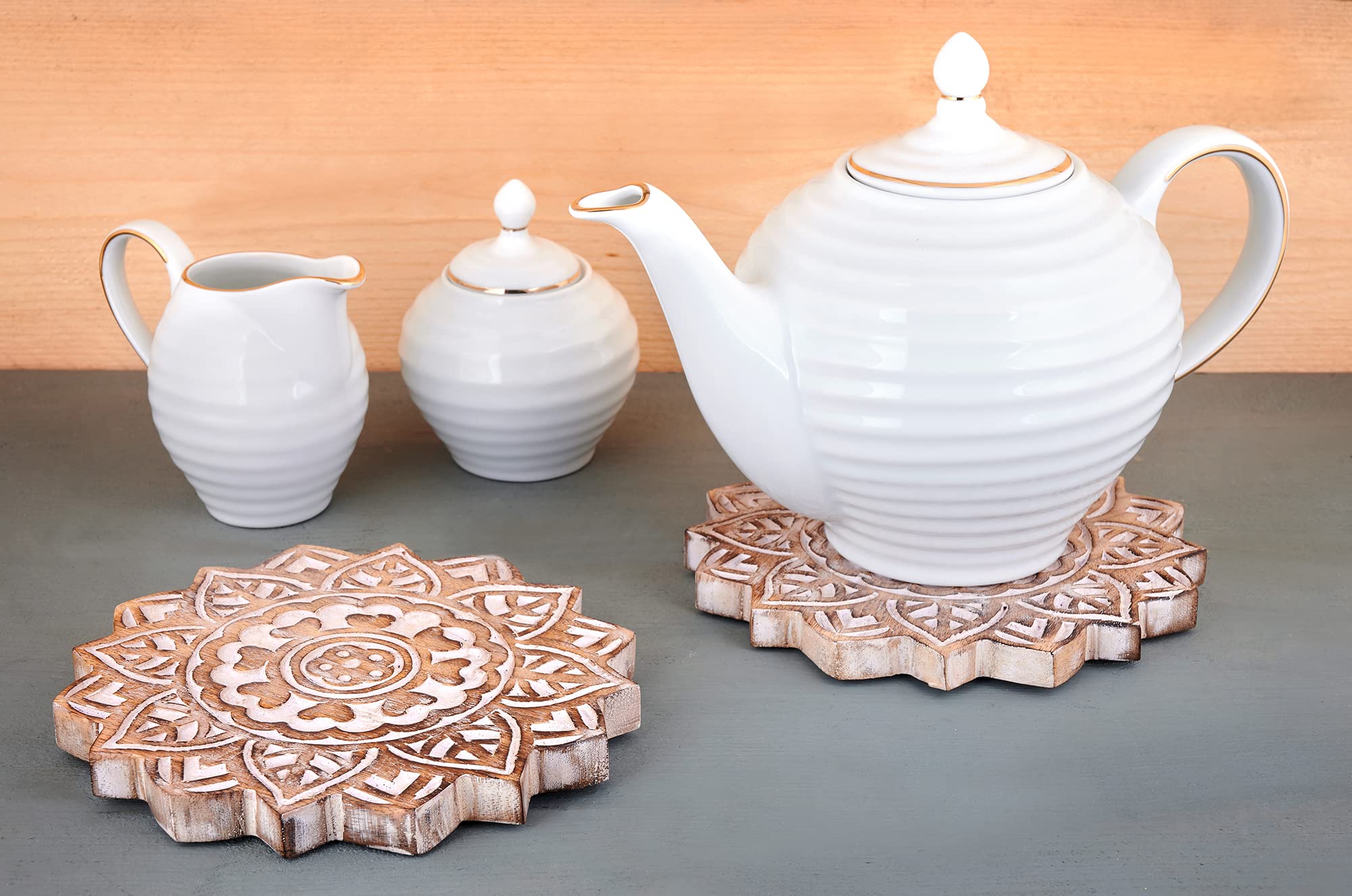 Set of 2 Wooden Trivets for Hot Dishes Pots and Pans Tea Pot Holders Nonslip Heat Resistant Kitchen Counter Accessories 8" Diameter Mandala Design (Design 2)