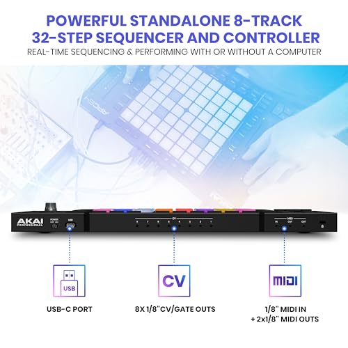 AKAI Professional APC64 Ableton MIDI Controller with 8 Touch Strips, Step Sequencer, 64 RGB Velocity-Sensitive Pads, CV Gates, MIDI In & Out, USB-C