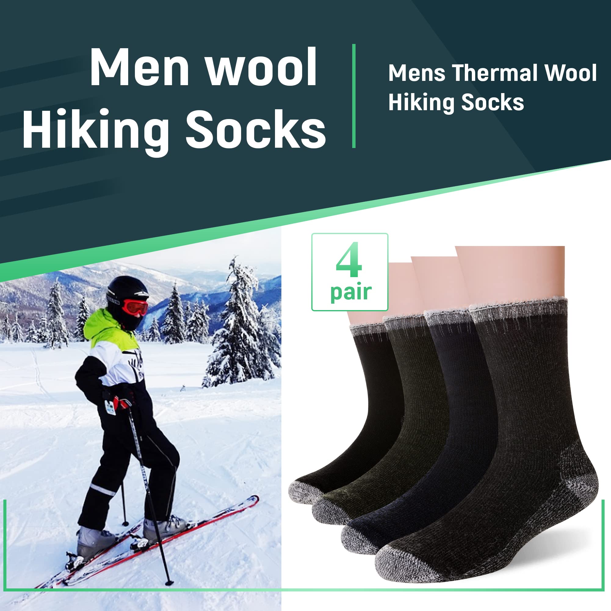 AMENLAN Men Merino Wool Socks Soft Cozy Warm Thermal Thick Hiking Heavy Work boot Winter Crew Socks 5 Pack (4 Pairs Color)