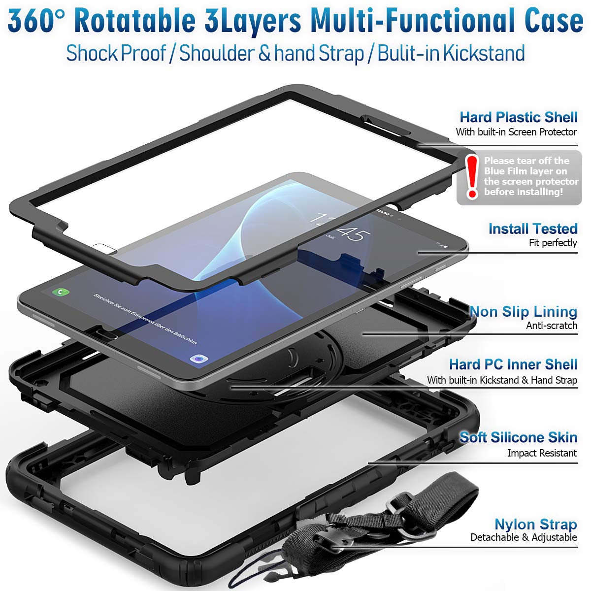 Timecity Case for Samsung Galaxy Tab A 10.1 inch 2016 Release, SM-T580 T585 T587 Case, Heavy Duty Protection Case with Screen Protector, Stand, Hand Strap and Shoulder Strap Stylus Holder - Black