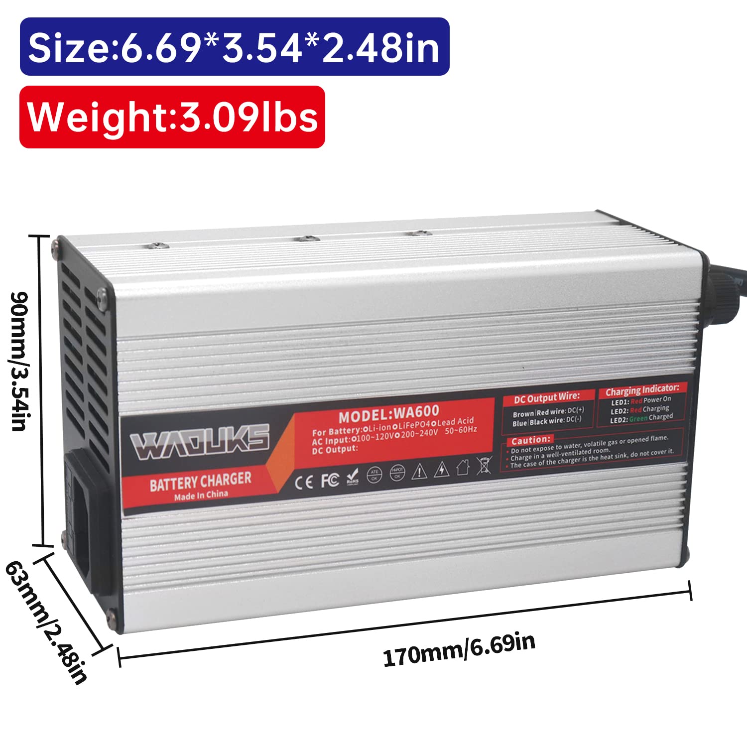 WAOUKS 58.4V 10A Charger 58.4V LiFePO4 Battery Smart Charger Used for 16S 48V LiFePO4 Battery High Power