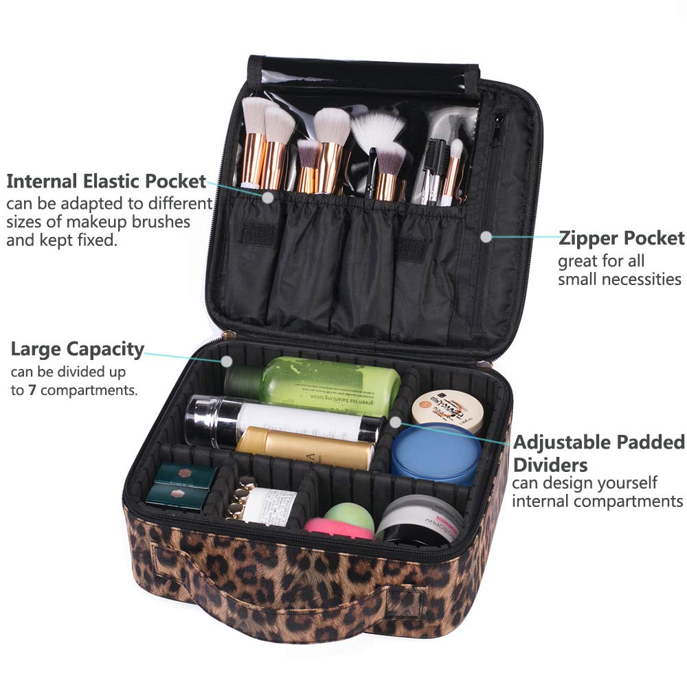 OXYTRA Makeup Bag Leopard Print PU Leather Travel Cosmetic Bag for Women Girls - Cute Large Makeup Case Cosmetic Train Case Organizer with Adjustable Dividers for Cosmetics Make Up Tools