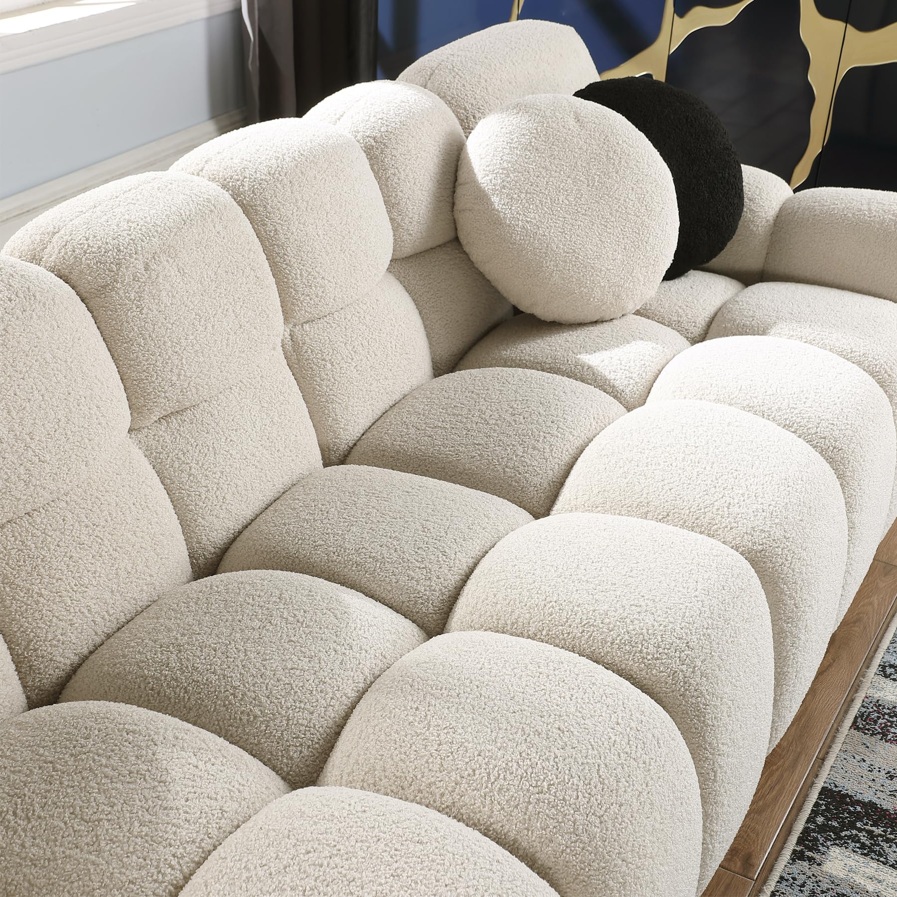 AZSJML 2 Piece Boucle Cloud Sofa Set, Modern Upholstered Sherpa Deep Seat Couch Loveseat, Comfy 3 Seater and 2 Seater Tufted Teddy Couch with Pillows for Living Room, Bedroom Apartment Office, Black