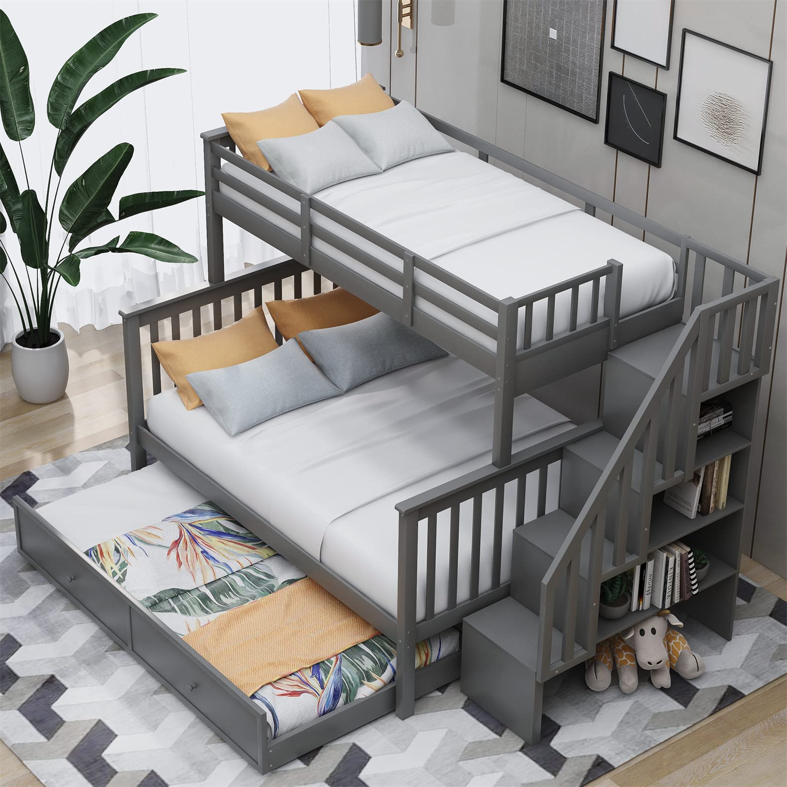 Twin Over Full Bunk Bed with Stairs and Trundle Wood Stairway Bunk Beds with Storage Shelf for Kids Boys Girls Teens, Gray